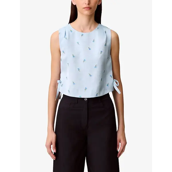 Claudie Pierlot Floral-embroidered Satin Top - Sky
