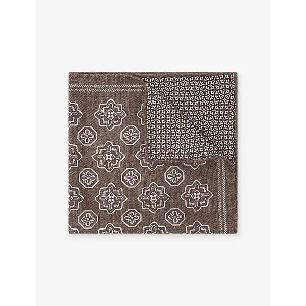 REISS Gian Floral-medallion Print Silk Pocket Square - Chocolate Brown
