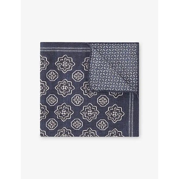 REISS Gian Floral-medallion Print Silk Pocket Square - Navy