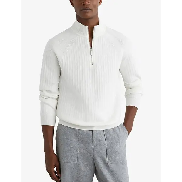 REISS Textured Half-zip Stretch-woven Jumper - White