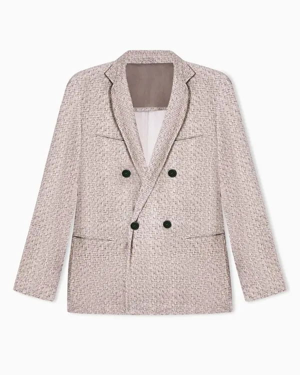 Giorgio Armani Suede Weave Print Double-breasted Jacket - Beige