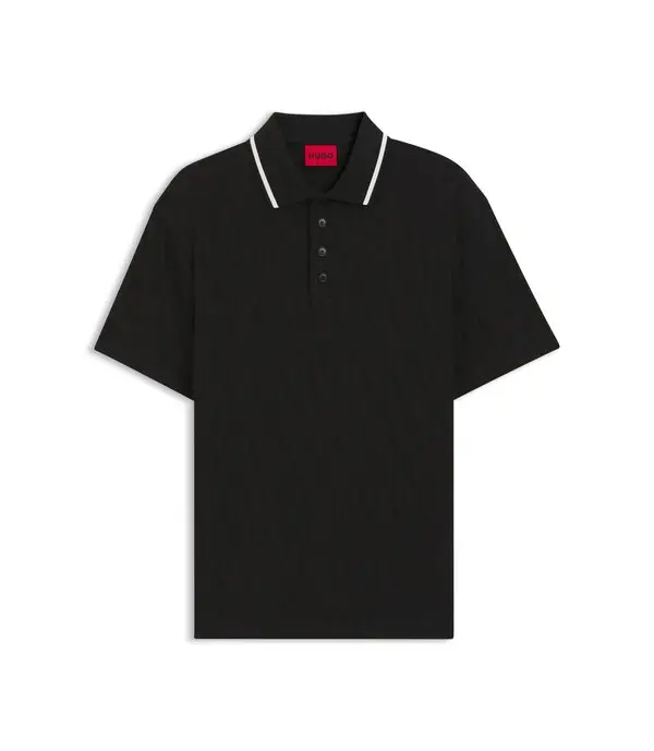 Hugo Stripe-collar Polo Shirt In Cotton Jacquard - Black