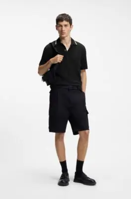 Hugo Stripe-collar Polo Shirt In Cotton Jacquard - Black