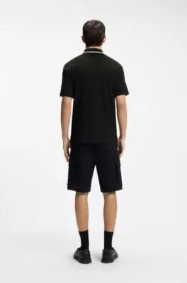 Hugo Stripe-collar Polo Shirt In Cotton Jacquard - Black