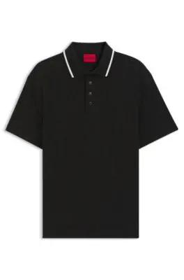 Hugo Stripe-collar Polo Shirt In Cotton Jacquard - Black