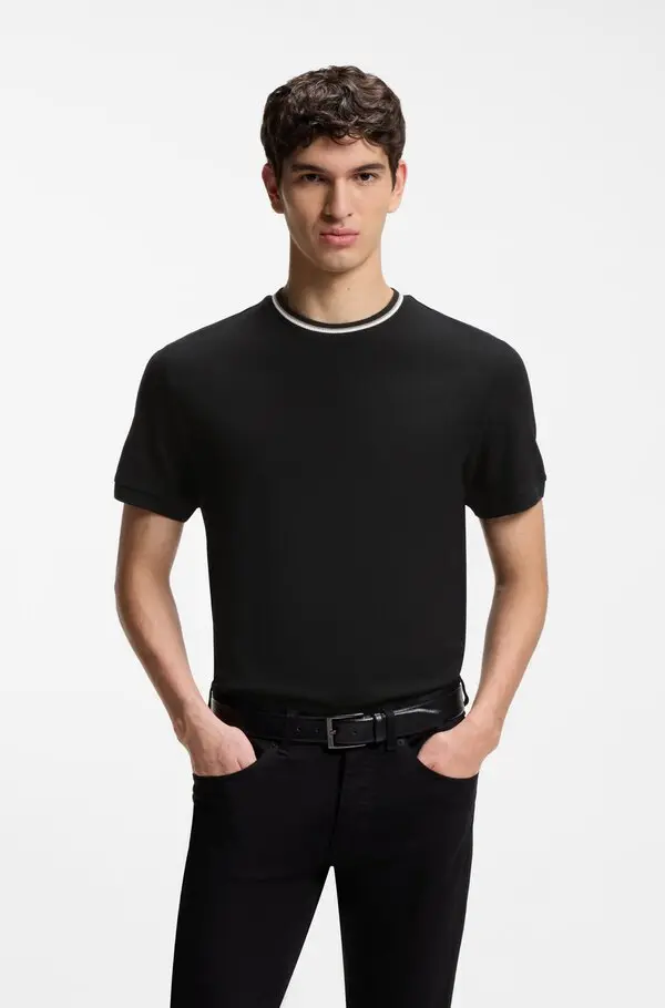 BOSS Striped-collar T-shirt In Cotton Piqu - Black