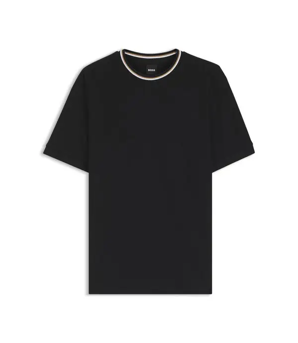 BOSS Striped-collar T-shirt In Cotton Piqu - Black