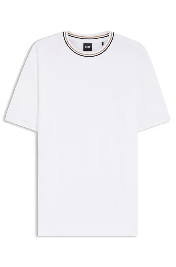 BOSS Striped-collar T-shirt In Cotton Piqu - White