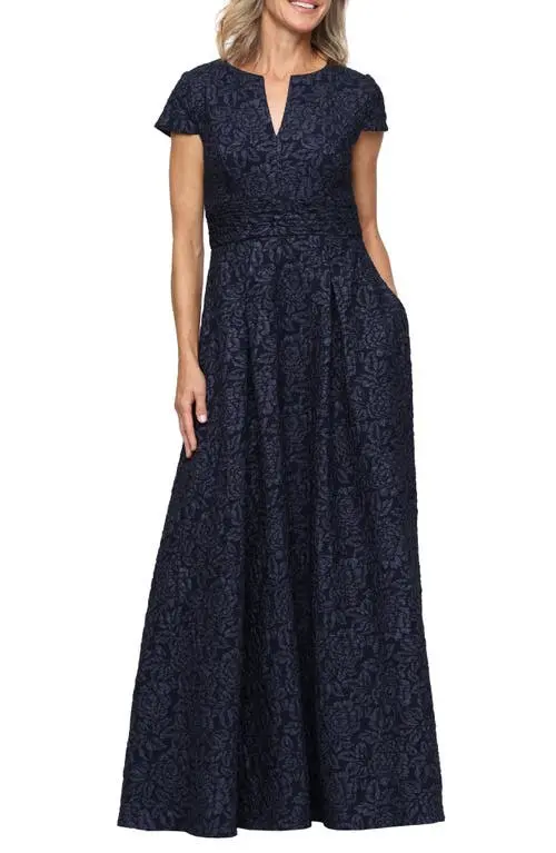Alex Evenings Embossed Short Sleeve Maxi Dress