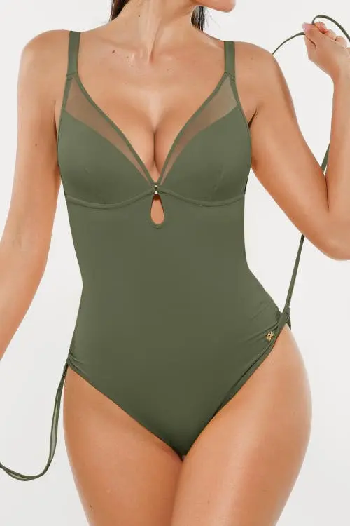POPILUSH Mesh Inset Tie-side One-piece Swimsuit - Olive