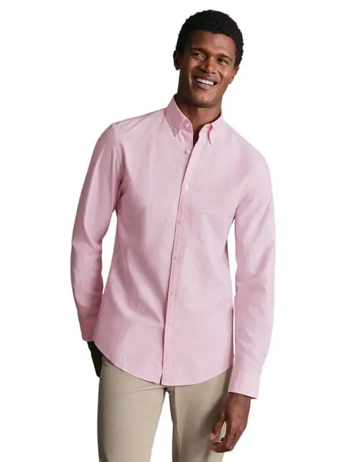 CHARLES TYRWHITT Plain Button-down Stretch Washed Oxford Shirt - Pink