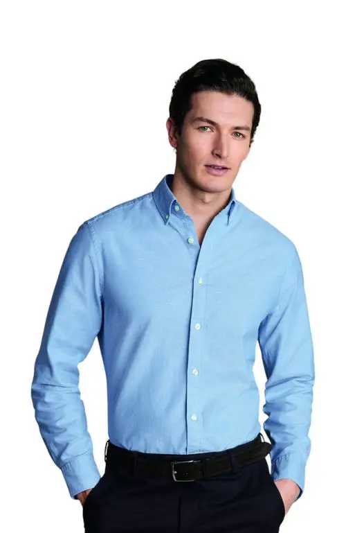 CHARLES TYRWHITT Plain Button-down Stretch Washed Oxford Shirt - Sky Blue
