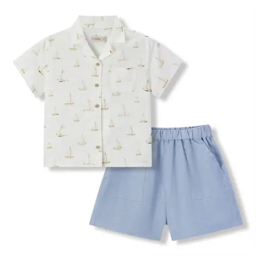 MILKBARN Linen Buttonup Shirt And Shorts Set - Sailboat Melody
