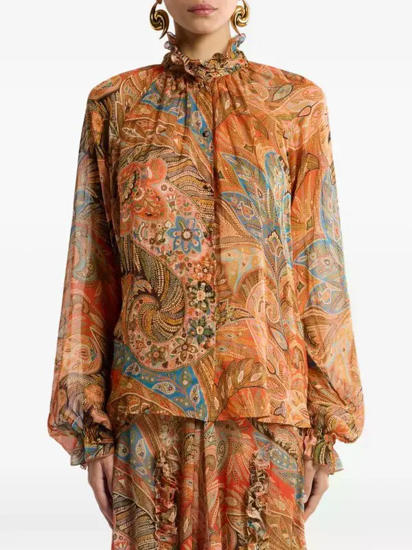 Etro Ruffled Paisley Silk Shirt - Orange