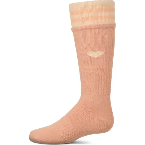MEMOI Ribbed Heart And Stripes Knee Socks - Peach