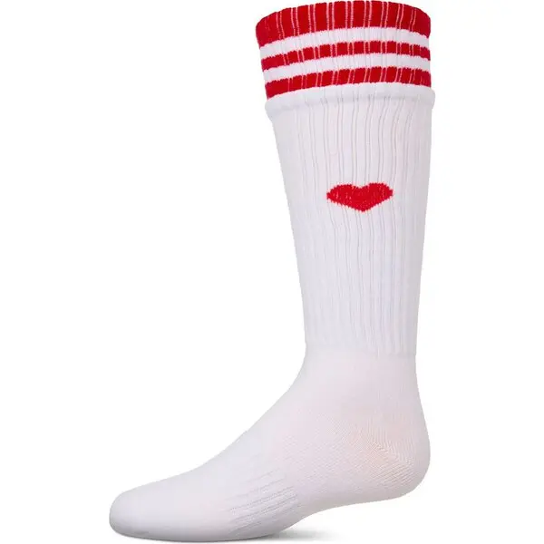 MEMOI Ribbed Heart And Stripes Knee Socks - White