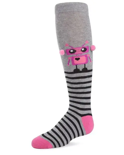 MEMOI Striped Knee High Socks With Robot Applique - Light Gray