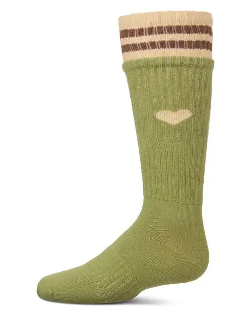 MEMOI Ribbed Heart And Stripes Knee Socks - Green