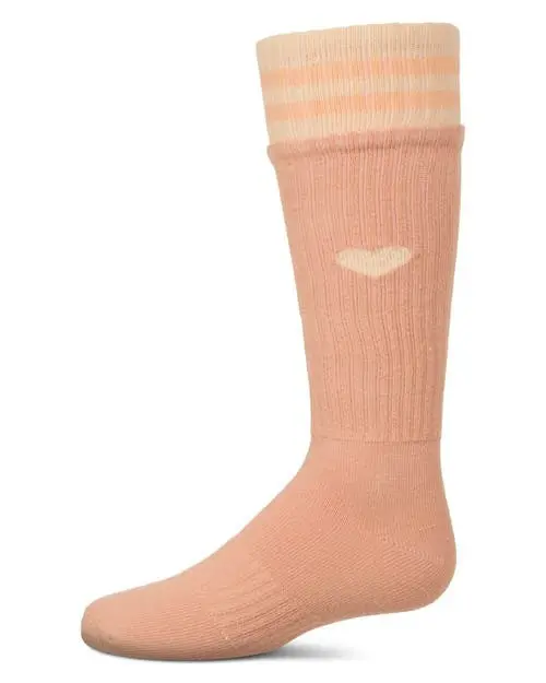 MEMOI Ribbed Heart And Stripes Knee Socks - Peach