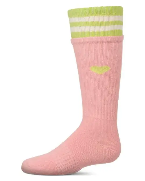 MEMOI Ribbed Heart And Stripes Knee Socks - Pink