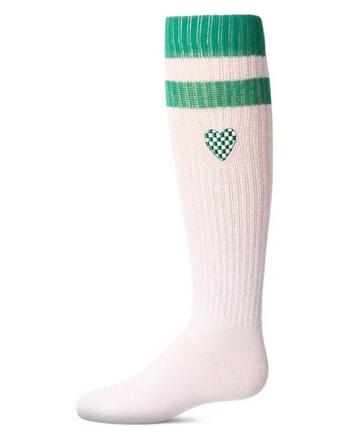 MEMOI Ribbed Varsity Stripe Checkered Heart Knee High Socks - Green