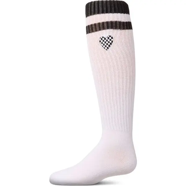 MEMOI Ribbed Varsity Stripe Checkered Heart Knee High Socks - Black