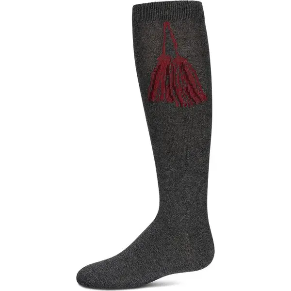 MEMOI Knee High Socks With Tassel Embroidery - Dark Gray Heather