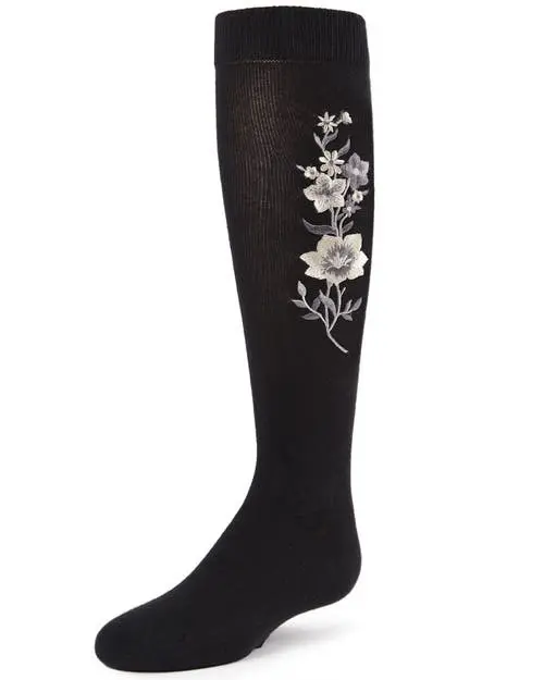 MEMOI Embroidered Floral Knee-high Socks - Black