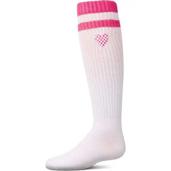 MEMOI Ribbed Varsity Stripe Checkered Heart Knee High Socks - Pink