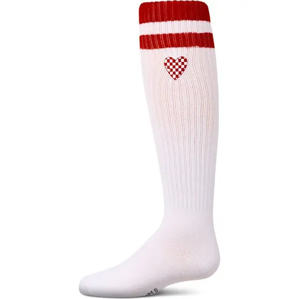 MEMOI Ribbed Varsity Stripe Checkered Heart Knee High Socks - Red