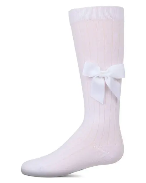 MEMOI Ribbed Knee-high Socks With Bow - White