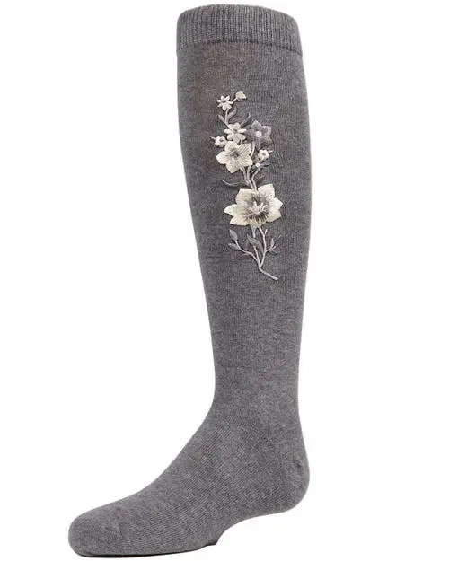 MEMOI Embroidered Floral Knee-high Socks - Medium Gray