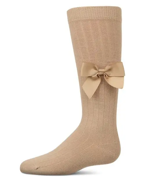 MEMOI Ribbed Knit Knee-high Socks With Bow Detail - Tan