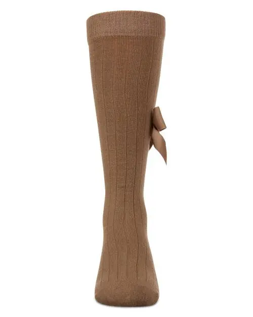 MEMOI Ribbed Knit Knee-high Socks With Bow Detail - Taupe