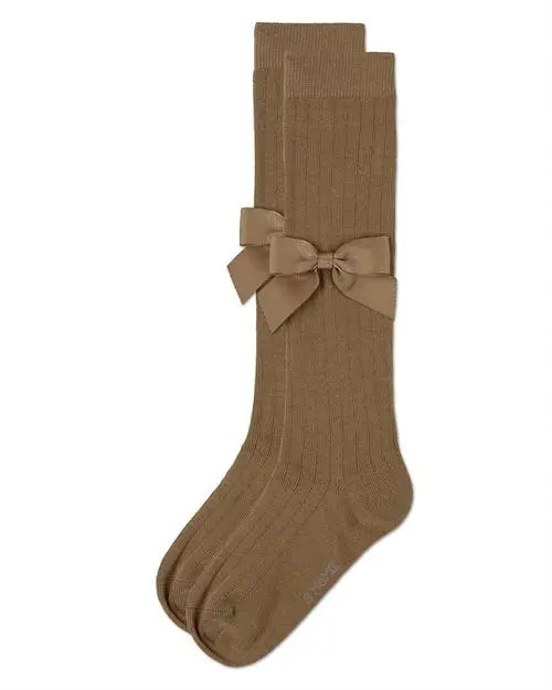 MEMOI Ribbed Knit Knee-high Socks With Bow Detail - Taupe