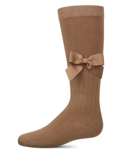 MEMOI Ribbed Knee-high Socks With Bow Detail - Taupe