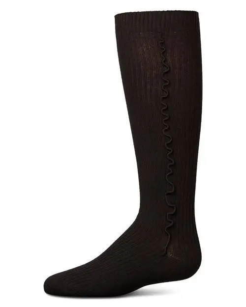 MEMOI Ribbed Knee High Socks With Ruffle - Black