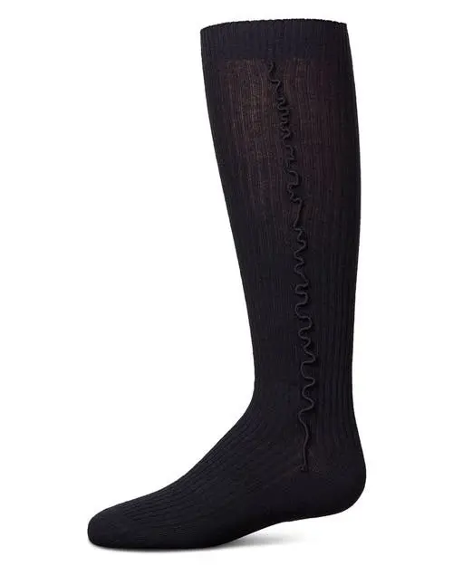 MEMOI Ribbed Knee High Socks With Ruffle - Navy