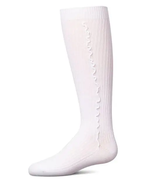 MEMOI Ribbed Knee High Socks With Ruffle - White