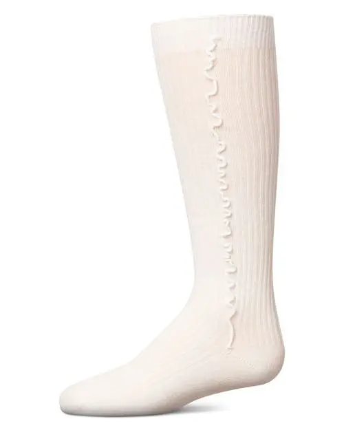 MEMOI Ribbed Knee High Socks With Ruffle - Winter White