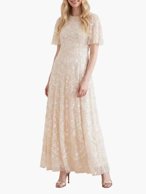 NEEDLE & THREAD Lily Bloom Embroidered Tiered Gown - Cream