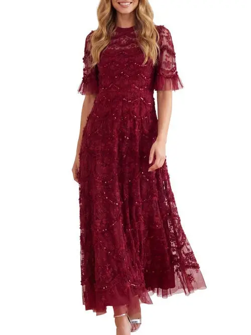 NEEDLE & THREAD Lily Bloom Embroidered Dress - Garnet