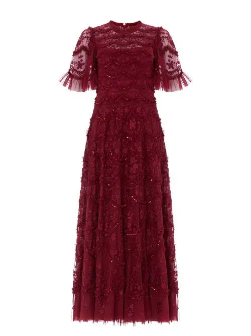 NEEDLE & THREAD Lily Bloom Embroidered Dress - Garnet