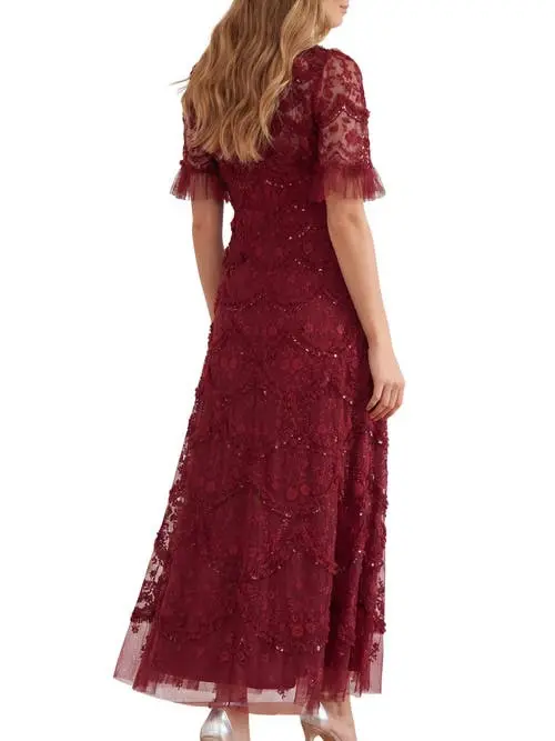 NEEDLE & THREAD Lily Bloom Embroidered Dress - Garnet