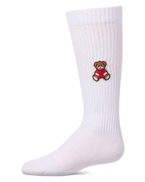 MEMOI Ribbed Knee High Socks With Embroidered Teddy Bear - White