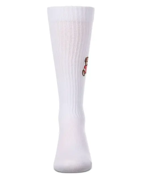 MEMOI Ribbed Knee High Socks With Embroidered Teddy Bear - White