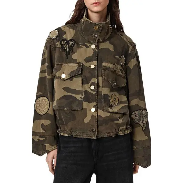 ALLSAINTS Patch Detail Camo Print Cotton Jacket