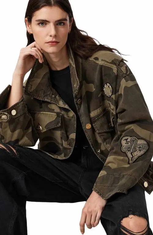 ALLSAINTS Patch Detail Camo Print Cotton Jacket