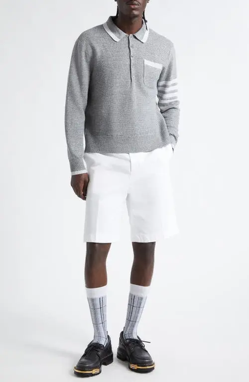 Thom Browne Relaxed 4-bar Textured Stitch Linen & Cotton Polo Sweater - Light Grey
