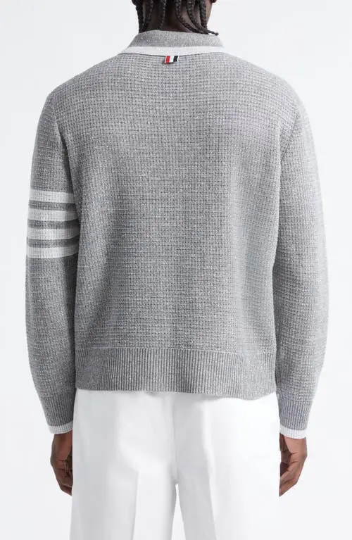 Thom Browne Relaxed 4-bar Textured Stitch Linen & Cotton Polo Sweater - Light Grey